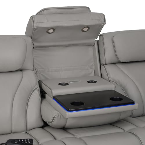 Armen Living Octavia Modern Zero Gravity Power Reclining Heated Massage Sofa, 86" Wide, Silver and Gray Top Grain Leather