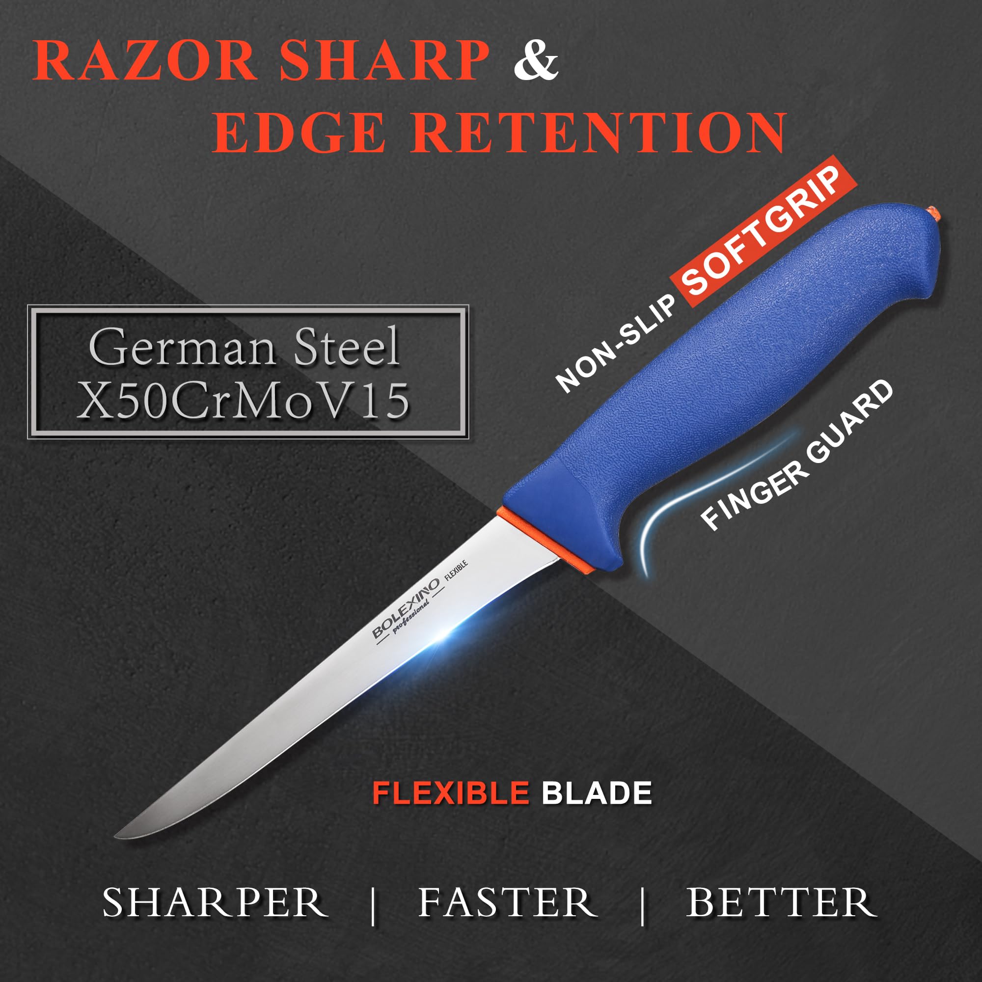 BOLEXINO 6 Inch Boning Knife, Flexible Straight Blade Processing Knife, Super Sharp Fillet Knife, German Stainless Steel Chef Knife W/Non-slip Softgrip, Prep Chicken & Fish with Ease (Blue)
