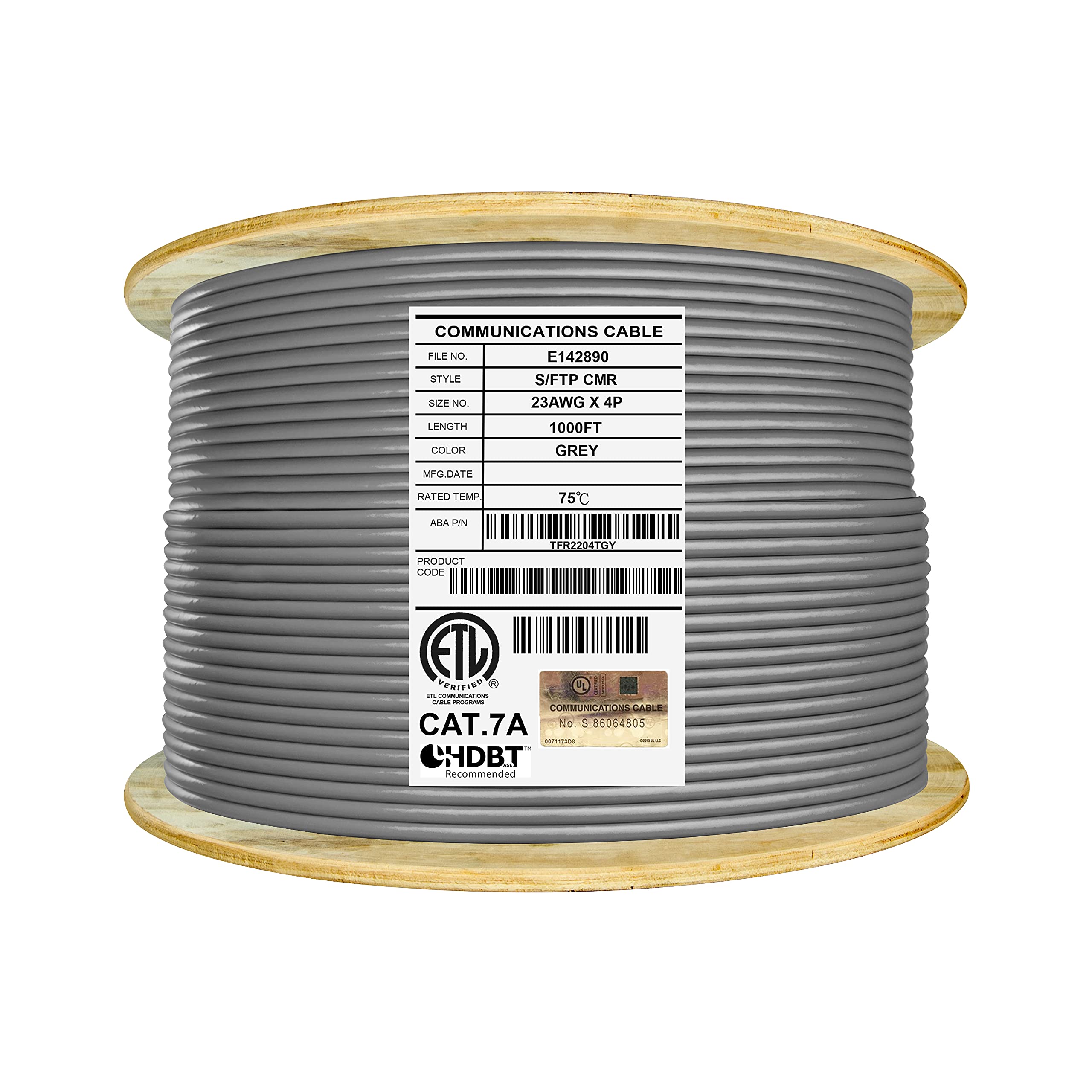 Elite CAT7A Shielded Riser (CMR), Ethernet Cable 1000ft Reel, Shielded Foil Twisted Pair (S/FTP) 23AWG, Solid Pure Bare Copper, 1000MHz, UL Certified, Easy Pull, Bulk Networking Cable - Grey