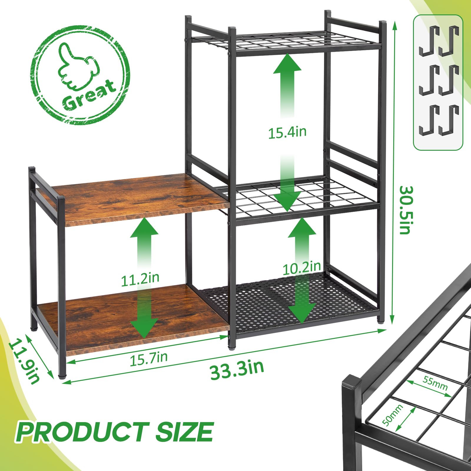 DAOUTIME Garage Tool Organizer with 2-tier Wooden Shelves, Yard Tool Organizer for Garage with 6 Hooks, Heavy duty Steel Garden Tool Rack Holds up to 35 Long Handled Yard tools for Storage, Black