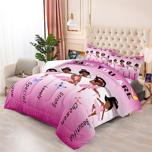 BATATADOCE Cute Little Ballet Bedding Sets African American Black Girls Pink Comforter Set Pink Princess Bed Set Kids Full Size Comforter Sets for Girls Bedroom,1 Comforter + 2 Pillowcases