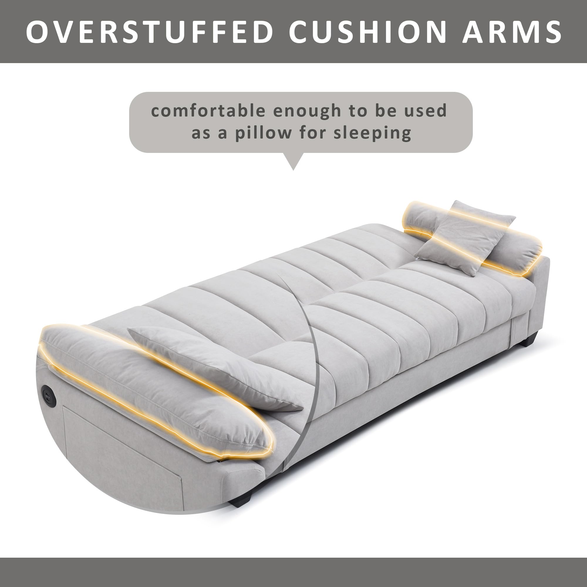 84’’ Convertible Futon for Living Room, Mid-Century Modern Velvet Sofa Bed with Spacious Storage, USB Port & Side Pocket, 3 Level Adjustable Backrest Couch for Small Spaces, Office, Dorm, Pearl Grey