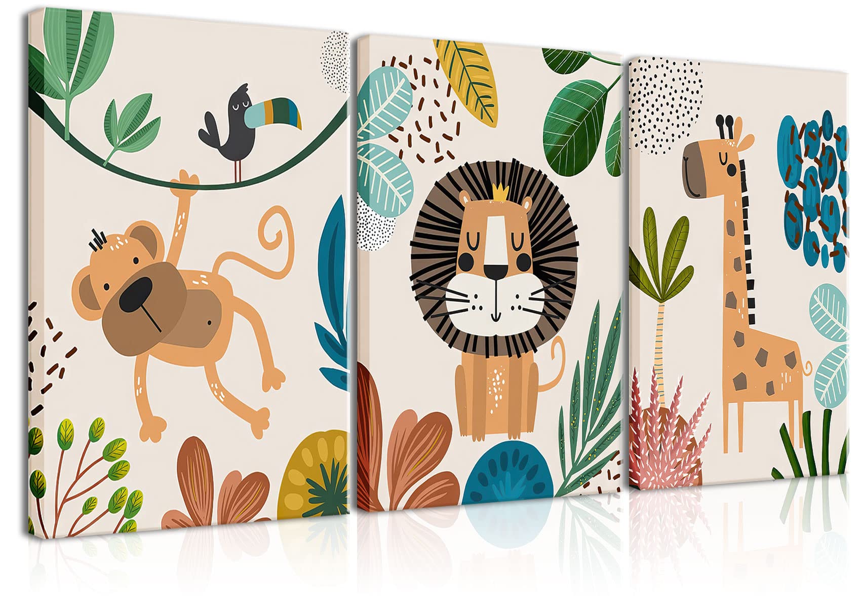 AKWISH 3Pcs Framed Safari Animals Canvas Wall Art Prints Picture Boy Girl's Kids RoomWall Decor for Classroom Shower Theme Decorations Nursery Baby Children's Room Bedroom Ready to Hang (12"x16"x3)