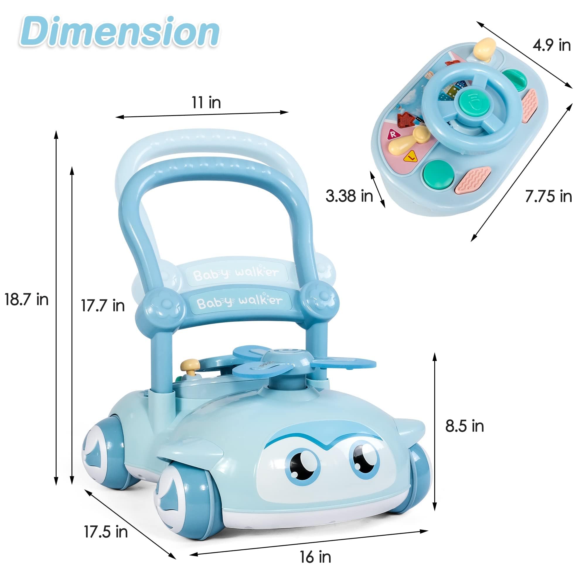 COLOR TREE 2 in 1 Baby Walker + Toddler Steering Wheel Activity Center, Sit-to-Stand Push Pull Walker, Early Educational Learning Toy with 4 Large Wheels and EVA Flash Lamp Blades and Music, Blue