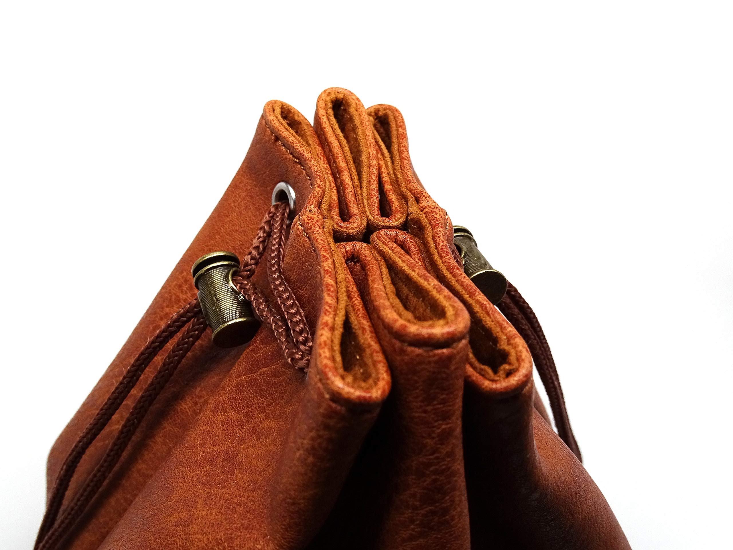 Brown Leather Lite Large Dice Bag with Wolf Design - Brown Faux Leather Exterior with Lined Interior - Stands Up on its Own and Holds 400 16mm Polyhedral Dice