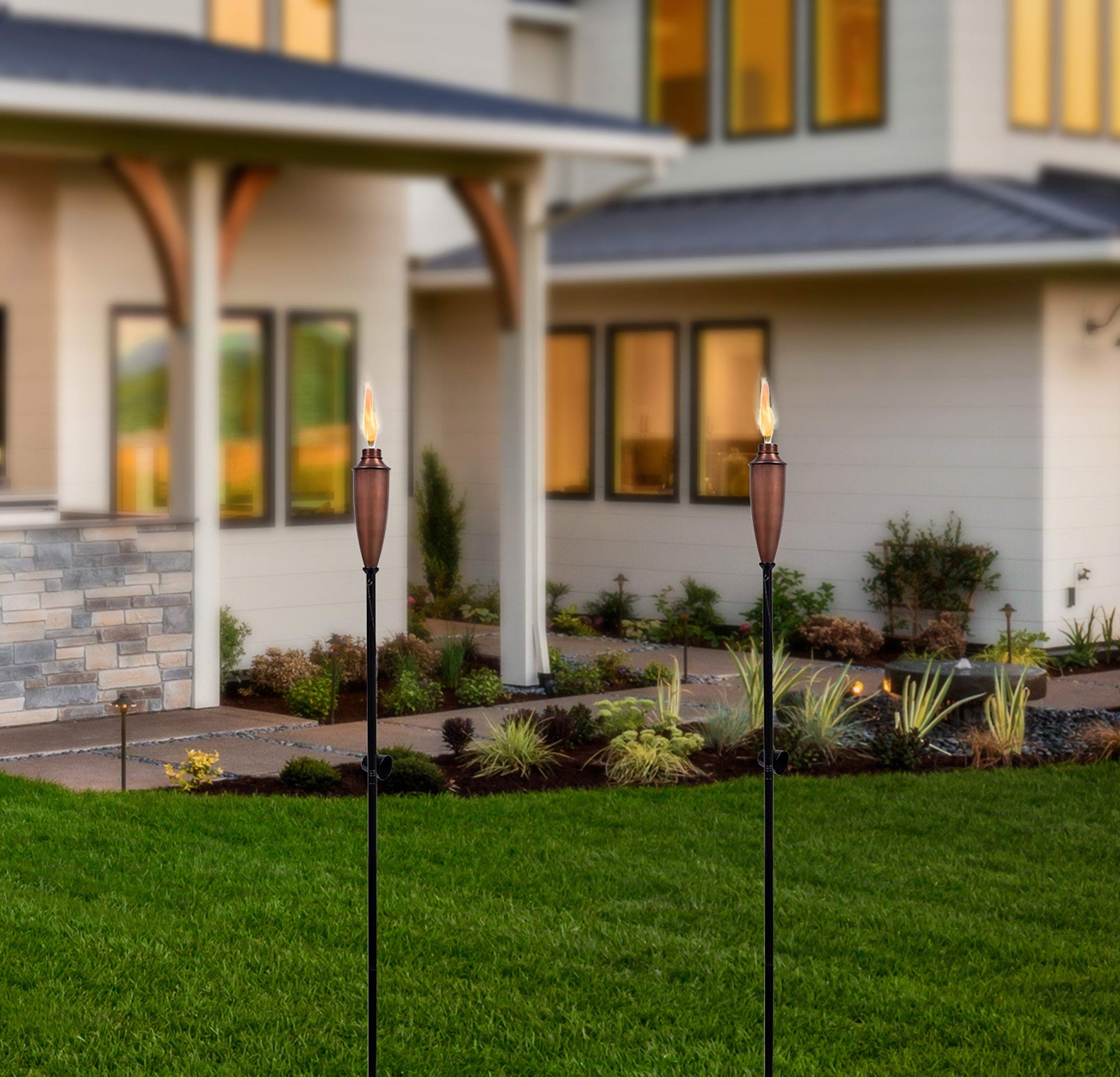 BIRDROCK HOME 4 Pack Round Outdoor Torches - Bronze - Flame Light Torch - Backyard Garden Patio Lighting - Metal Lamp - Decorative Urban Lantern