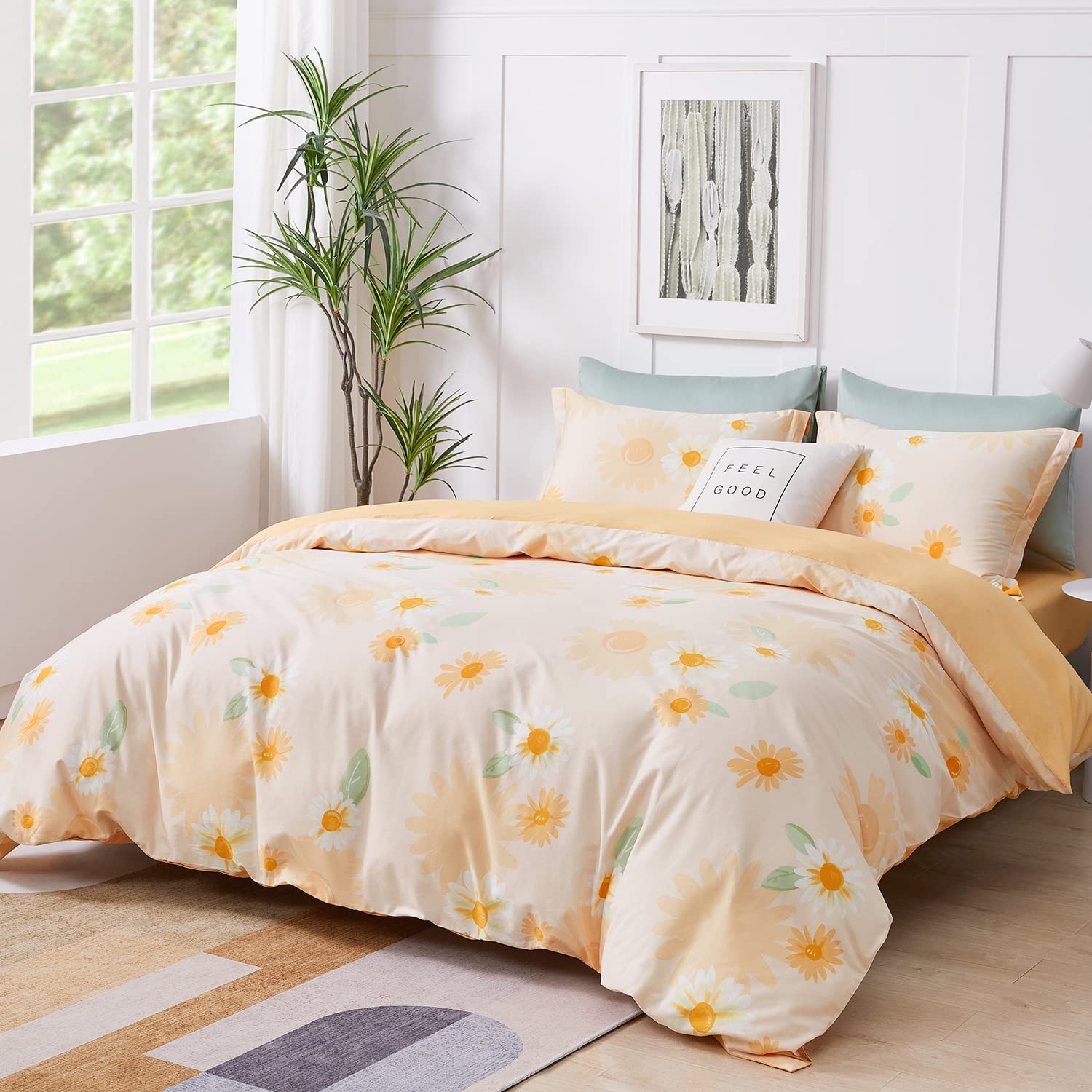 SAPHREAS King Size Duvet Cover Set with Fitted Sheet 4pcs Daisy Floral Bedding Comforter Cover Set 1 Quilt Cover 1 Fitted Sheet 2 Pillow Shams
