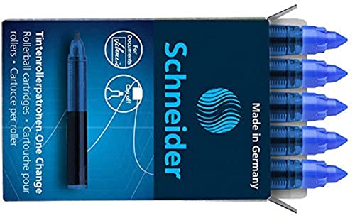 Schneider One Change Rollerball Refill Cartridges, 0.6 mm, Blue Ink, Box of 5 Refill Cartridges (185403)