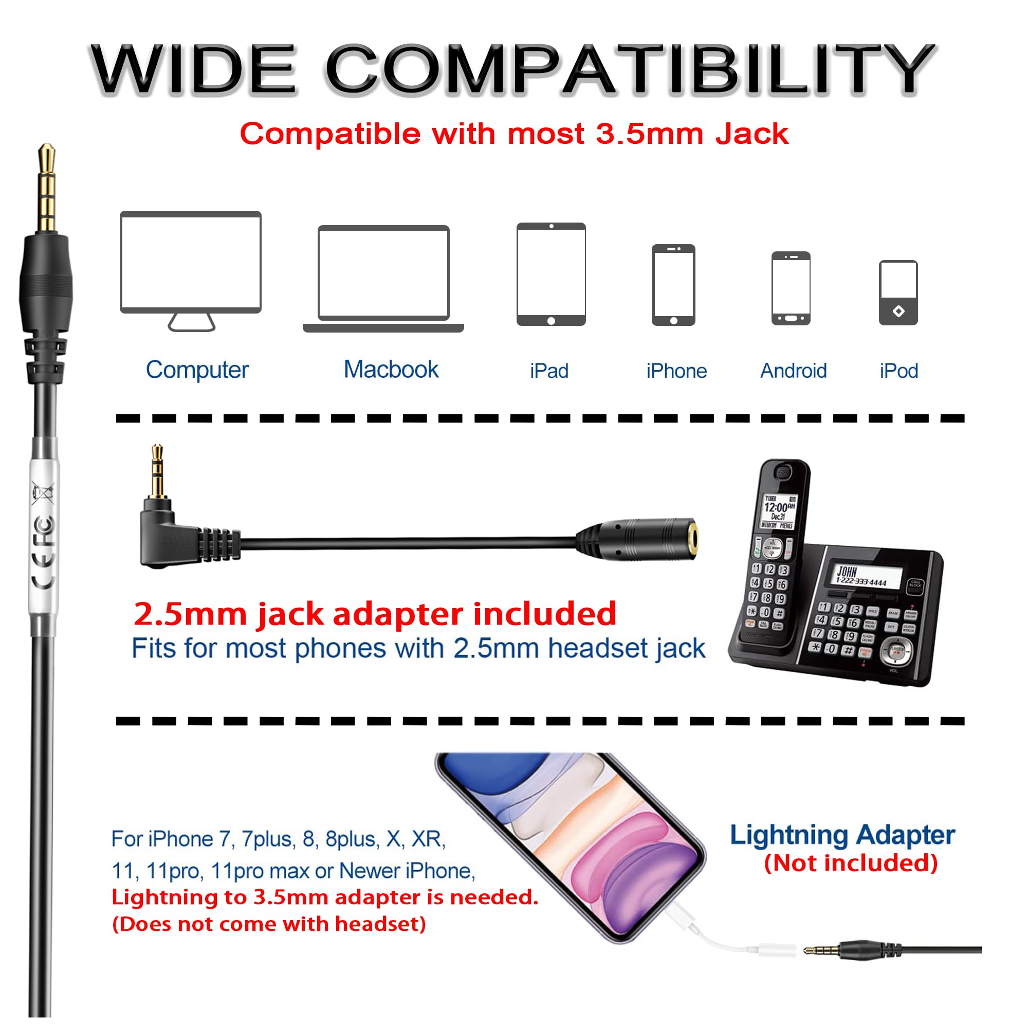 Wantek Cell Phone Headset Mono with Noise Canceling Mic, Wired Computer Headphone for iPhone Samsung Huawei HTC LG ZTE BlackBerry Smartphones and Laptop PC Mac Tablet with 3.5mm Jack(F600J35)