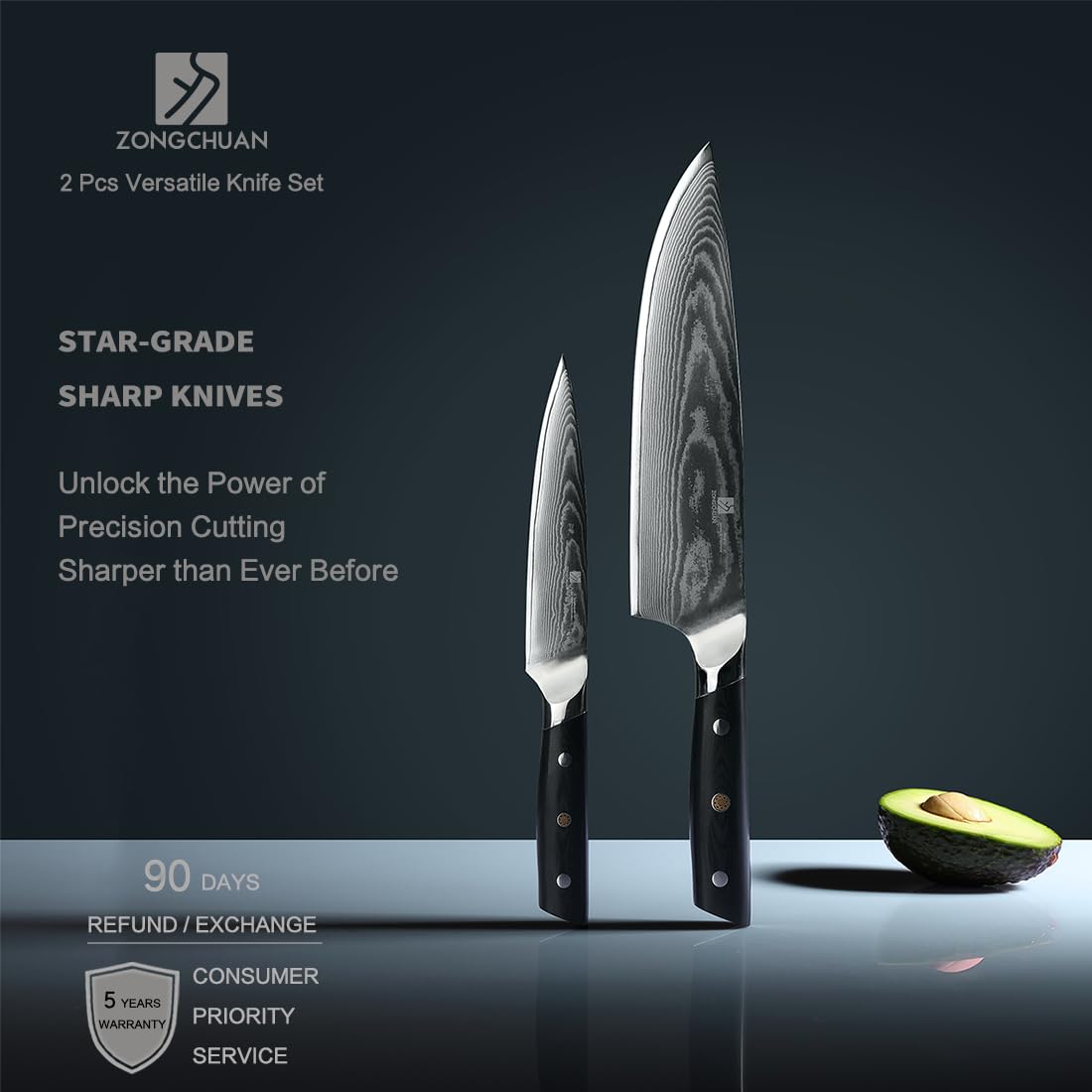 ZongChuan 8C Damascus Kitchen Knife Set 2pc,8" Chef Knife and 5.5" Utility Knife,High Carbon Stainless Steel,5-Star Sharp Standard,Black Ergonomic G10 Handle,Love's Gift Box