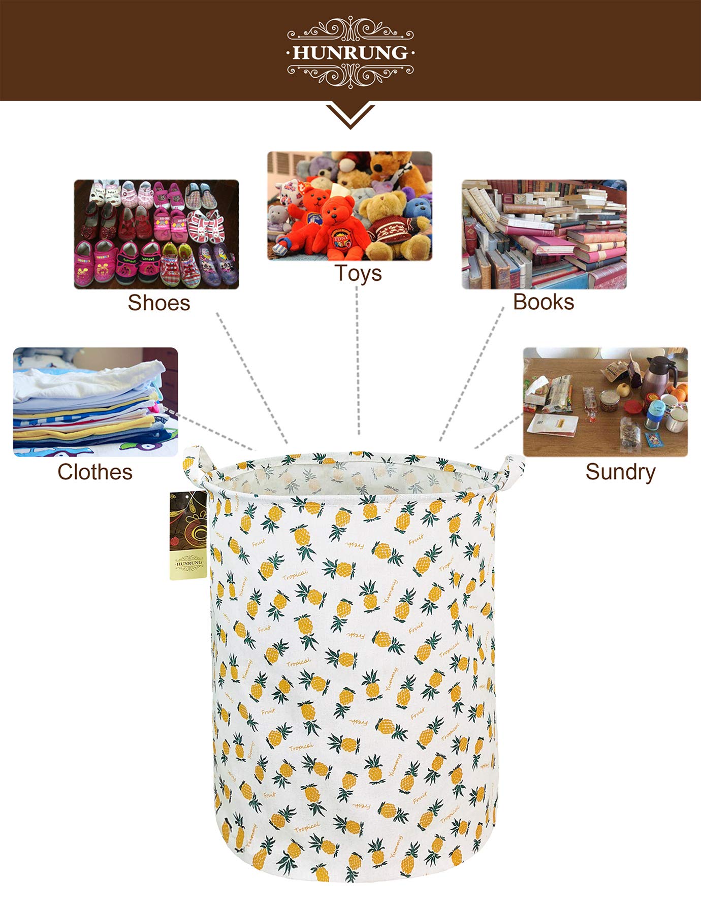 HUNRUNG Laundry Hamper,Large Canvas Fabric Lightweight Storage Basket Toy Organizer Dirty Clothes Collapsible Waterproof for College Dorms, Children Bedroom,Bathroom (Pineapple)