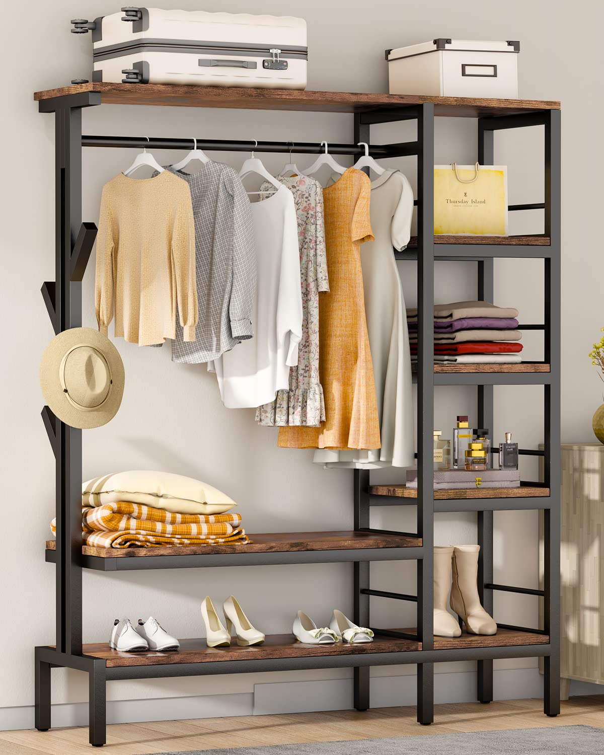 HOKEEPER 650lbs Capacity Heavy Duty Clothing Rack with Shelves Freestanding Closet Organizer with Hooks Metal Wardrobe Closet Organizers and Storage Shelves Clothes Storage Rack