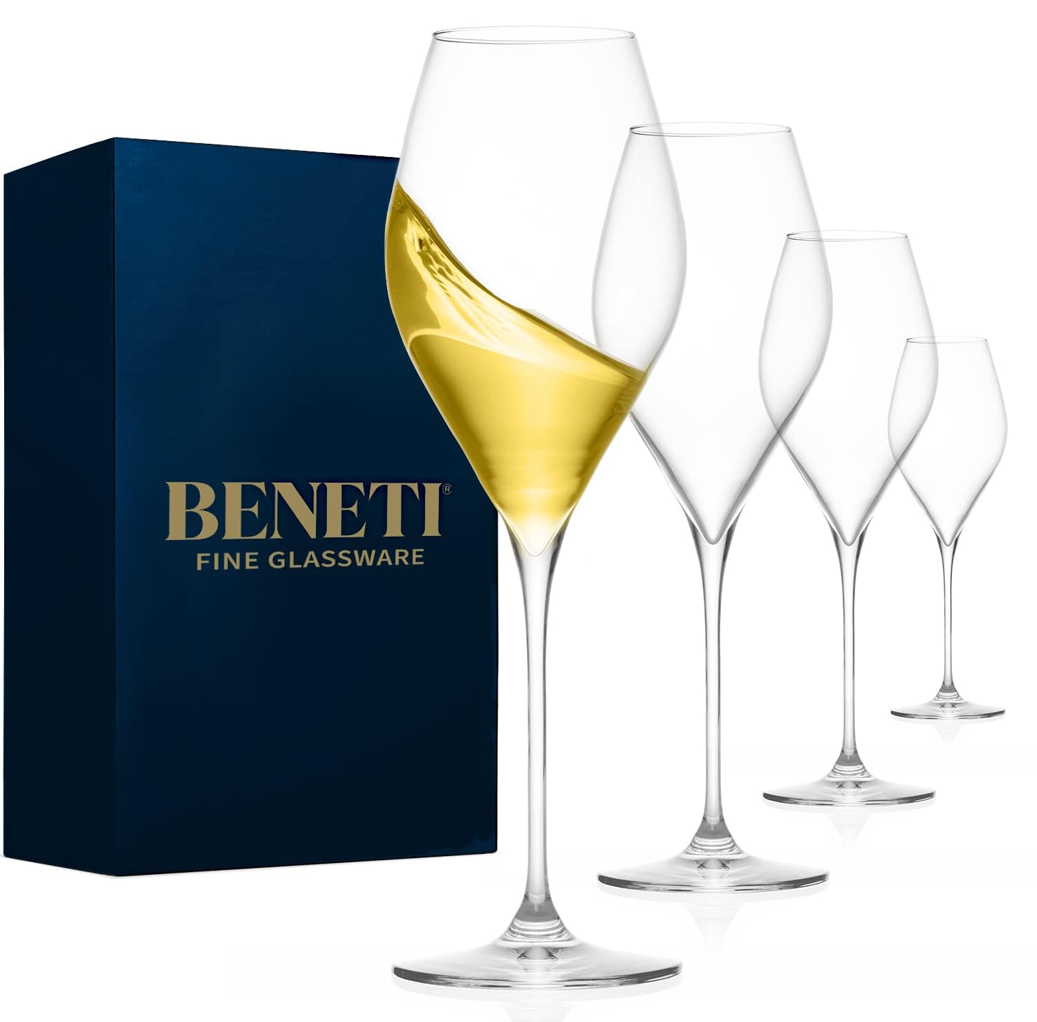 BENETI Hand-Blown European wine glasses set of 4 | 14oz Modern Long Stem Wine Glass Set for Red and White Wine