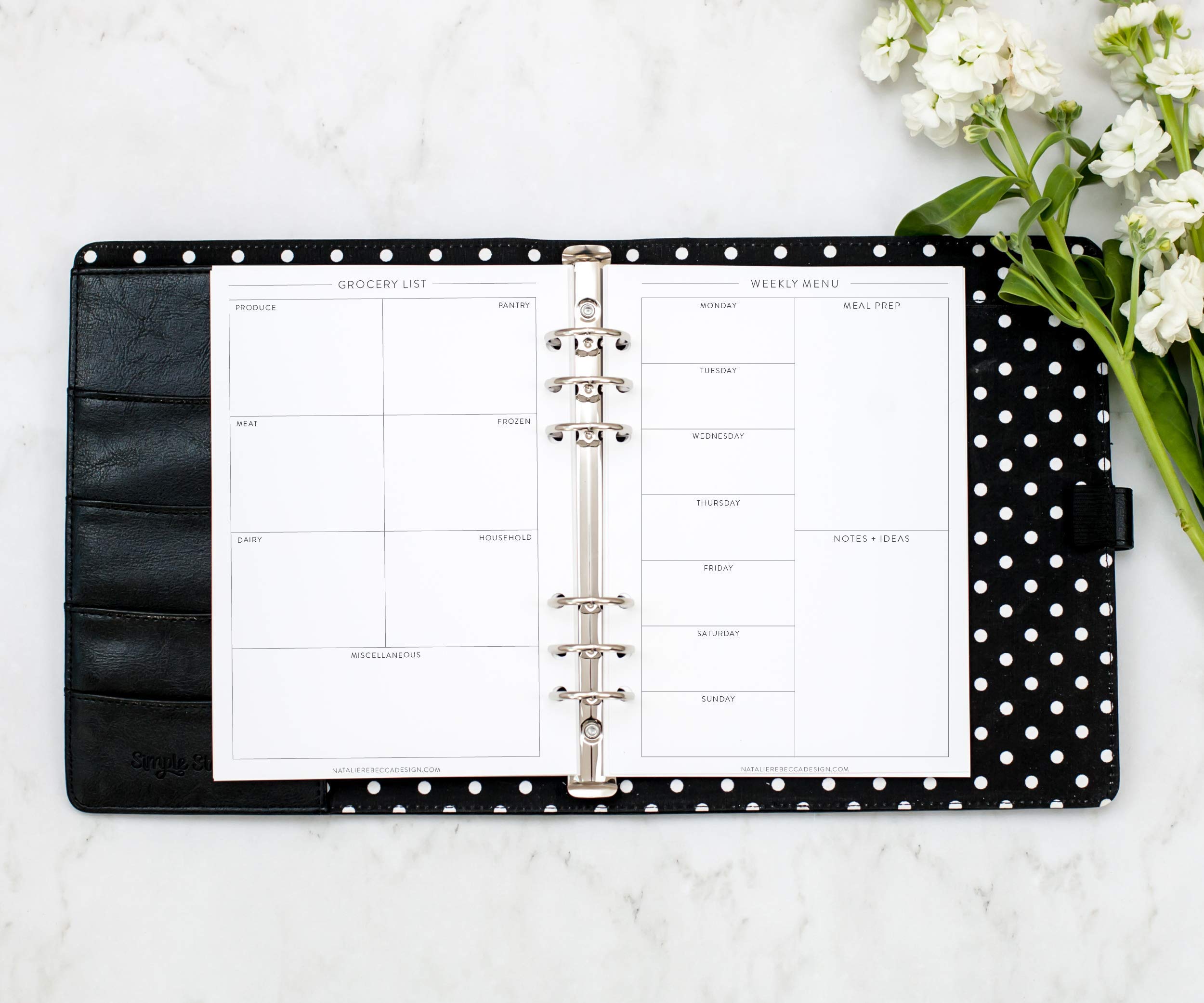 A5 Planner Menu and Grocery List Inserts, Meal Plan, Paper Refills for Filofax, Kikki K, 6 Month Supply (Planner Not Included)