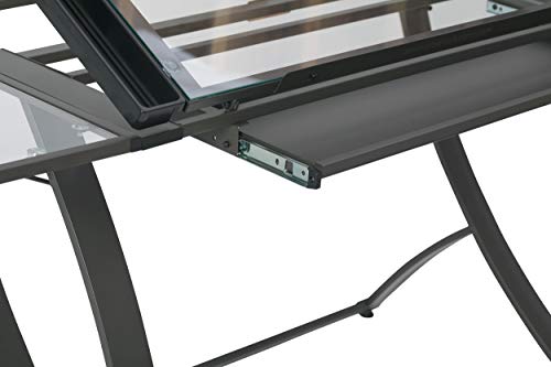 SD STUDIO DESIGNS Futura Luxe Drawing, Drafting, Craft Table with Drawer, 35" Wide Angle Adjustable Top and Side Shelf, Pewter Grey/Clear Glass