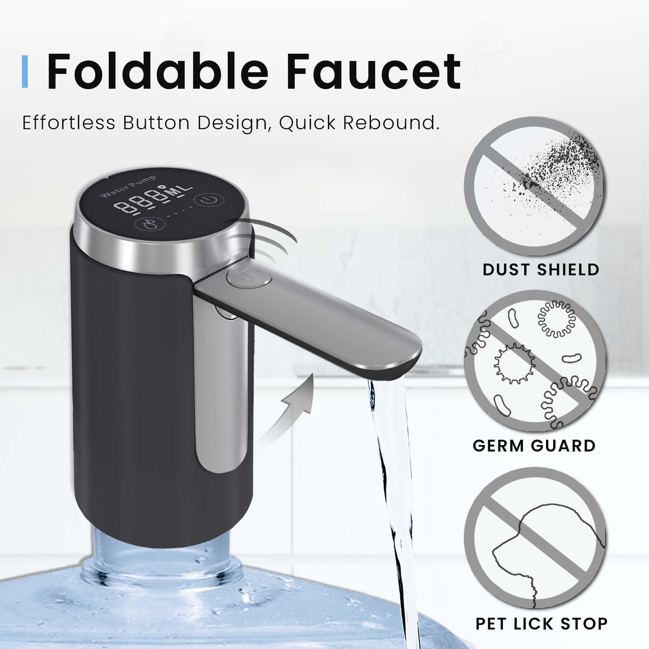 KIARYUOLL Water Dispenser for 5 Gallon Bottle, Rechargeable Water Pump - Foldable Water Spout for 5 Gallon Bottle, Long-Lasting,Smart LED Display, Portable Water Dispenser for Home & Outdoor (Black)