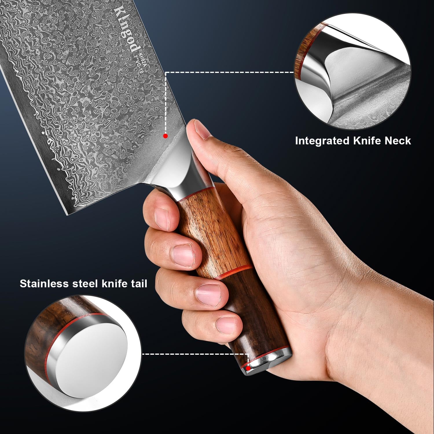 KINGOD 7-Inch Meat Cleaver, Razor-Sharp VG10 Steel Knife for Meat & Vegetables, Multipurpose Kitchen Knife with Rosewood Handle, Gift Box & Sheath