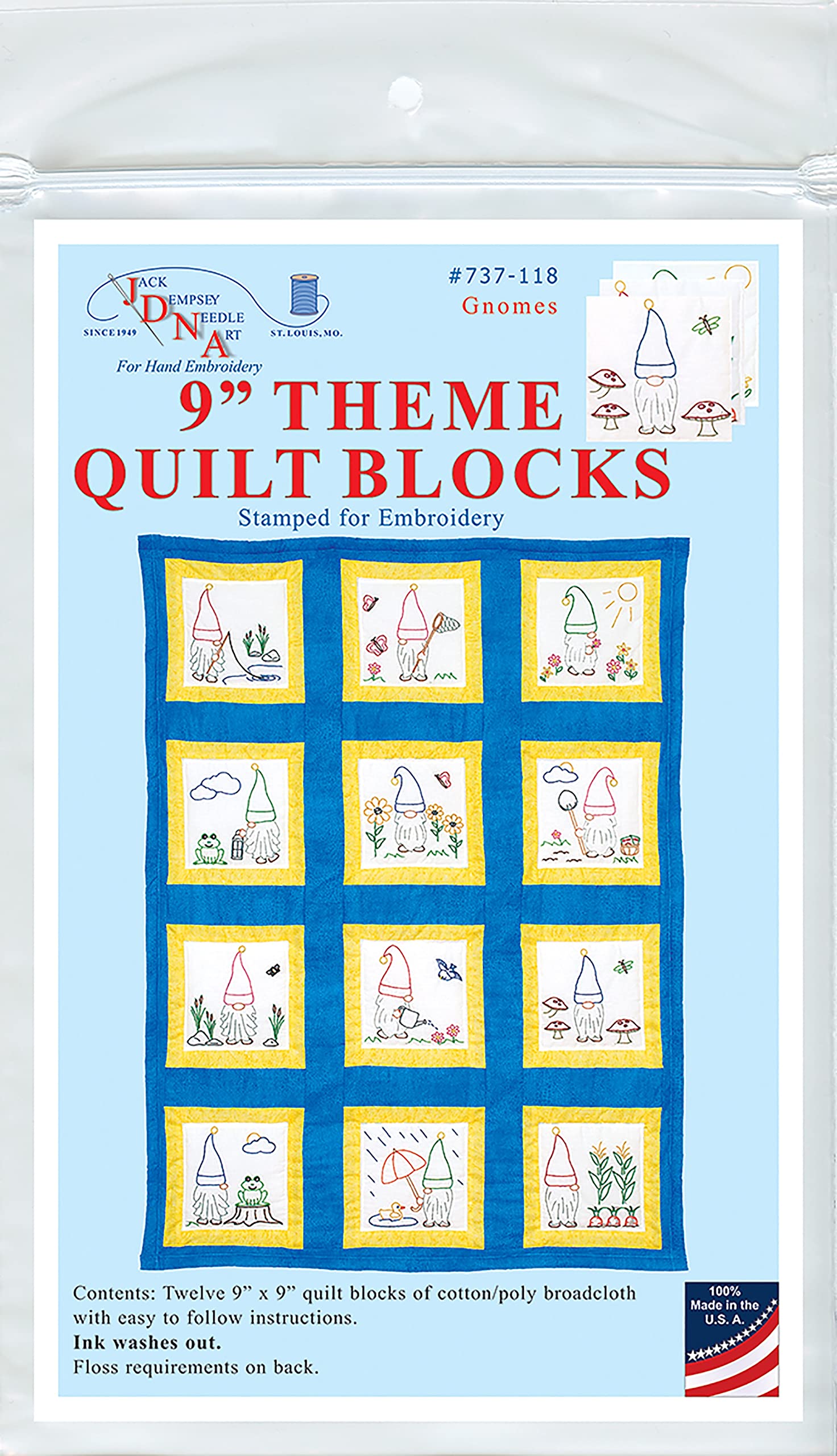 Jack Dempsey Quilt Blocks 9X9 WH Gnomes, White