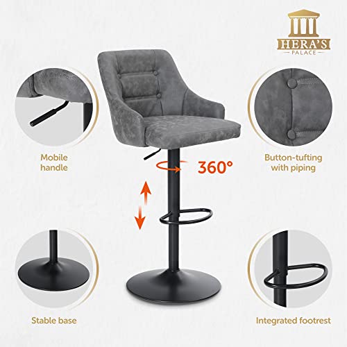 HERA'S PALACE 360 Swivel Bar Stools, Modern Barstool PU Leather Adjustable Counter Height Swivel Stool with Armrest and Backrest for Cafe, Kitchen, (Grey)