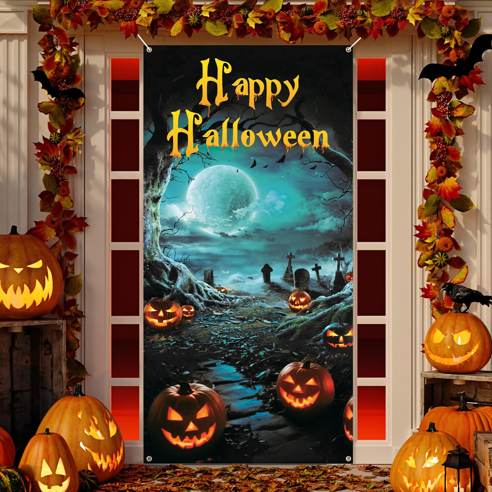Arosche Large Halloween Door Cover Decorations 6x2.9 Ft Scary Horror Pumpkins Moon Night Dead Tree Cemetery Backdrop Happy Halloween Hanging Background for Indoor Outdoor Door Banner Party Supplies