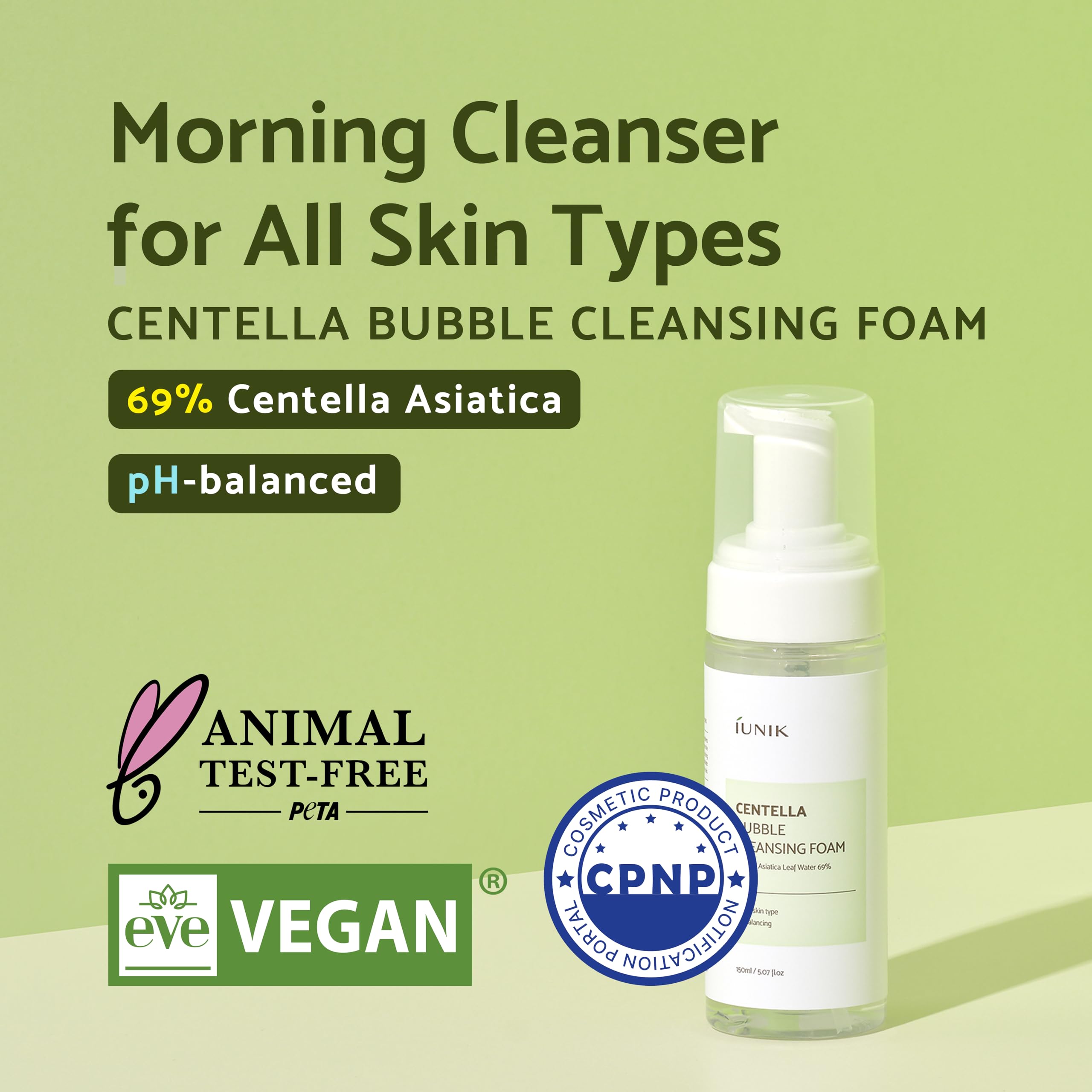 IUNIK Centella Bubble Foaming Vegan Facial Cleanser - 69% Centella Asiatica Extract, Soothing, Moisturizing, Exfoliating, Removes Pore Blackheads, Whiteheads, 5.07 Fl Oz