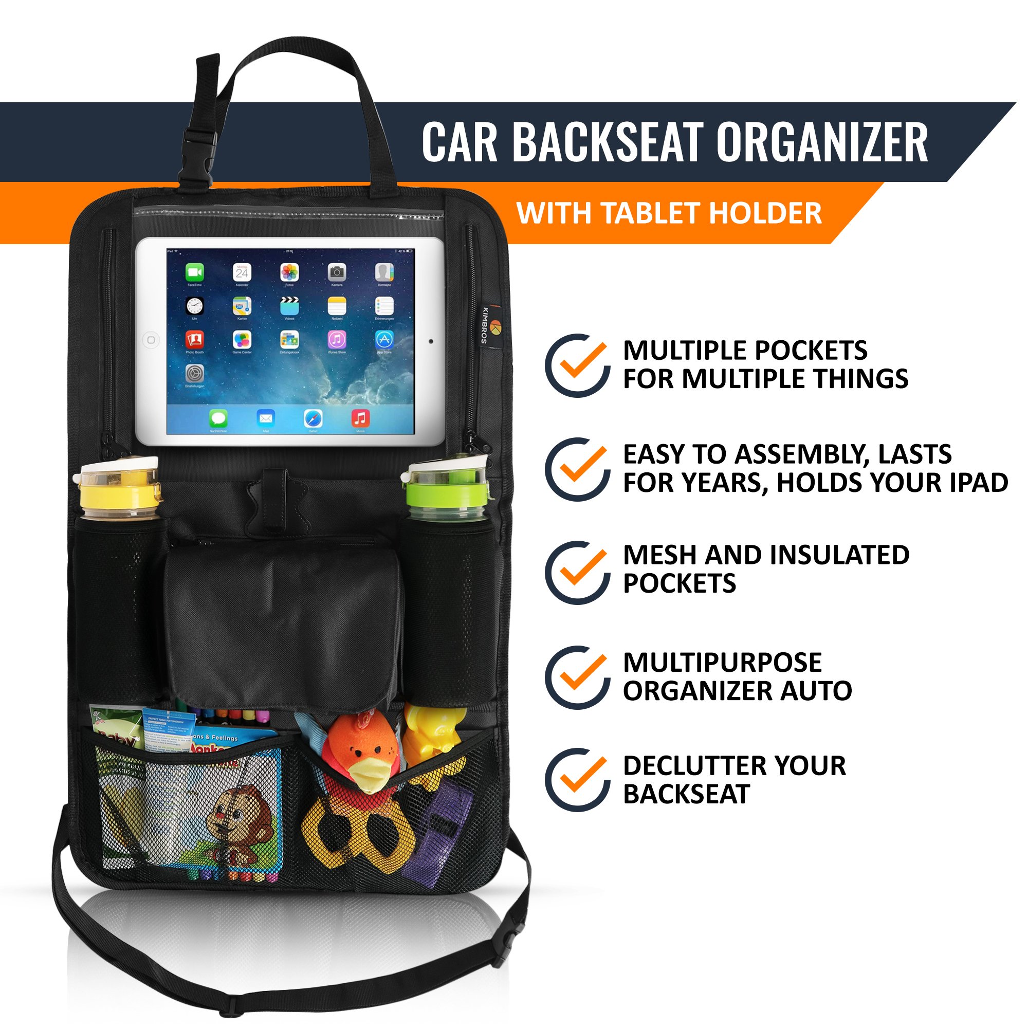 Kimbros Backseat Organizer with Tablet Holder for any age, (Holds IPAD PRO 10.5), Multiple Pockets, Side Double zipper for cables, Extra Long Harness with buckle for any size car, Baby wipe pouch