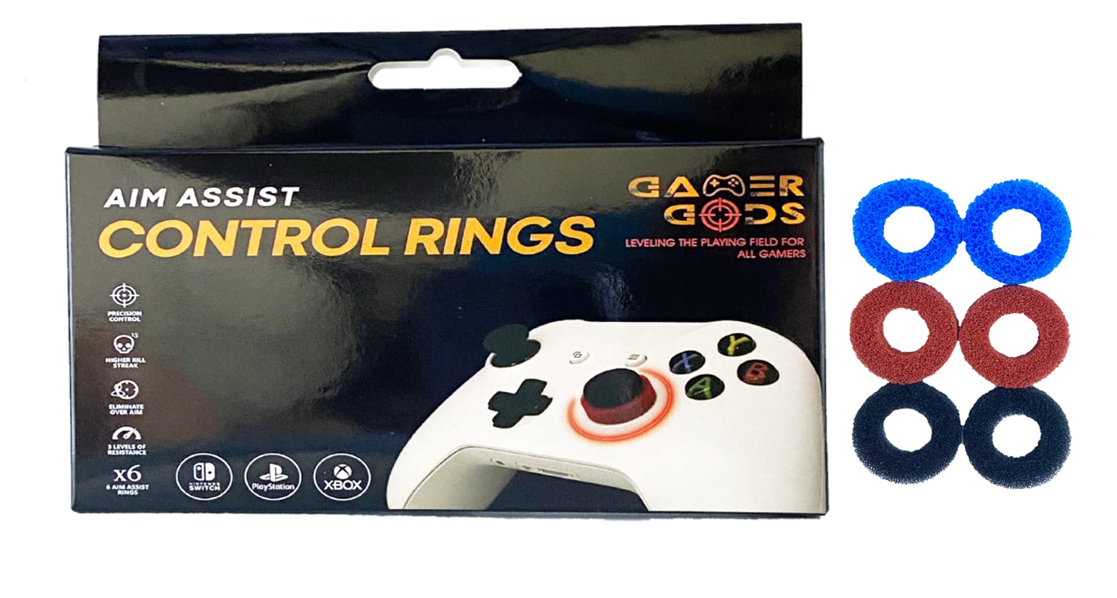 Aim Assist Motion Control Rings 3 Sets for PlayStation 4 (PS4), Xbox One, Switch Pro & Scuf Controller (Black/Blue/Red)