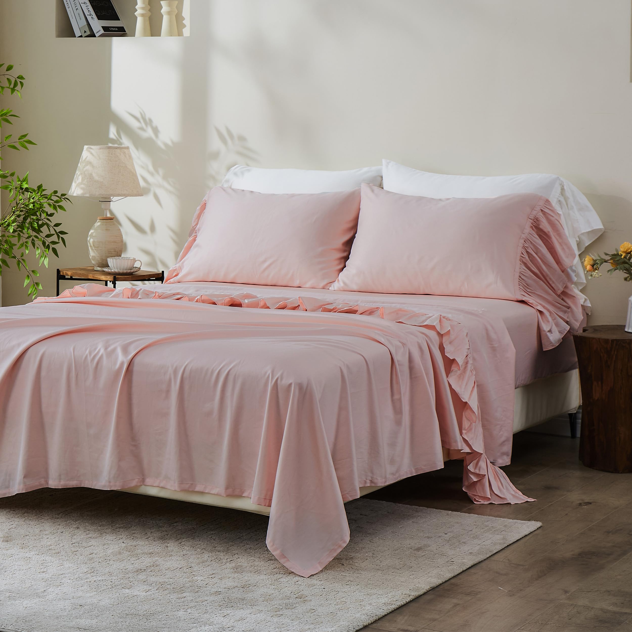 Simple&Opulence 100% Organic Cotton Sheet Set, Long Ruffle Bed Sheets (1 Flat Sheet, 1 Fitted Sheet and 1 Pillowcase) Elegant Shabby Chic Bedding Farmhouse Charming Vintage - Pink, Twin