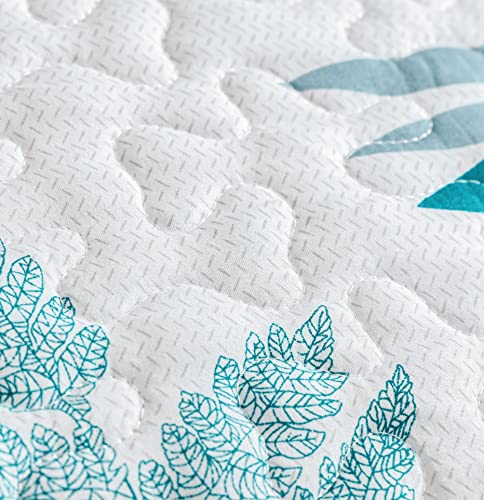 DURLENGEN Floral Quilt Set Queen Size 3Pcs, Teal & Khaki Leaves Printed on White, All Season Lightweight Coverlet Sets(Queen 90x96, Botanical Teal)