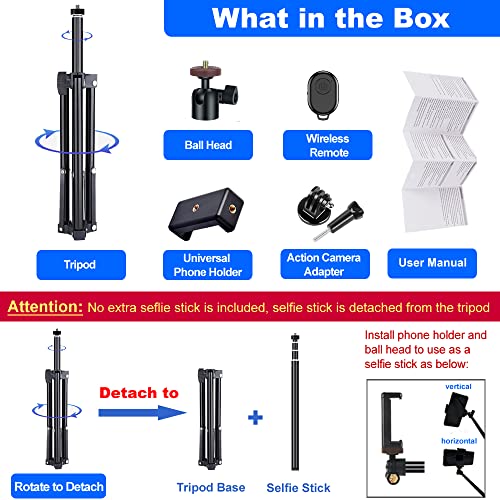 Selfie Stick Tripod, 62 inch Extendable Detachable Selfie Stick Tripod Stand with Remote for iPhone 14 13 12 Pro MAX Samsung Galaxy S23 S22 S21 Ultra