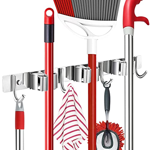 Piyl Mop Broom Holder Wall Mount Heavy Duty Hooks Hanger 17” Stainless Steel Organizer for Home Laundry Bathroom Kitchen Garage Garden Utility Tools Rack Storage Durable