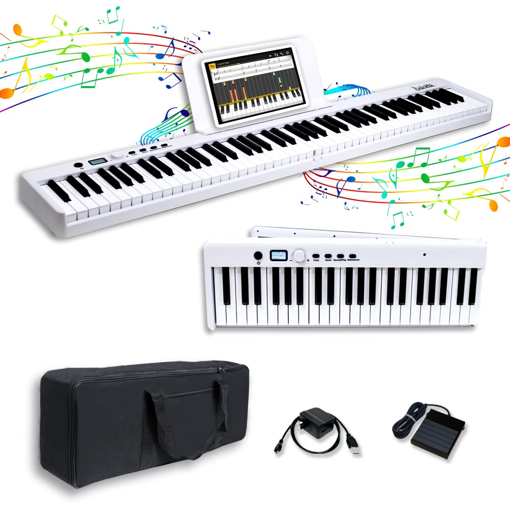 Dulcette *NEW* Foldable Electric Piano Keyboard | 88 Keys Portable Keyboard | Semi-Weighted Touch Sensitive Keys | MIDI & Dual Speakers Sustain Pedal | Digital Piano FREE Bag (White)