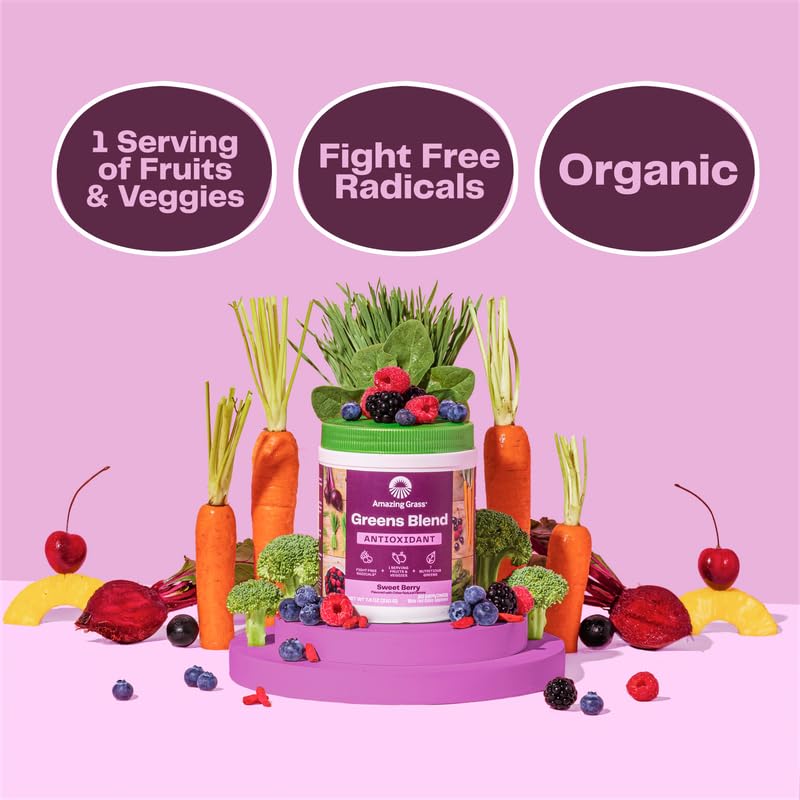 Amazing Grass Greens Blend Antioxidant: Super Greens Powder Smoothie Mix with Organic Spirulina, Beet Root Powder, Elderberry & Probiotics, Sweet Berry, 60 Servings (Packaging May Vary)