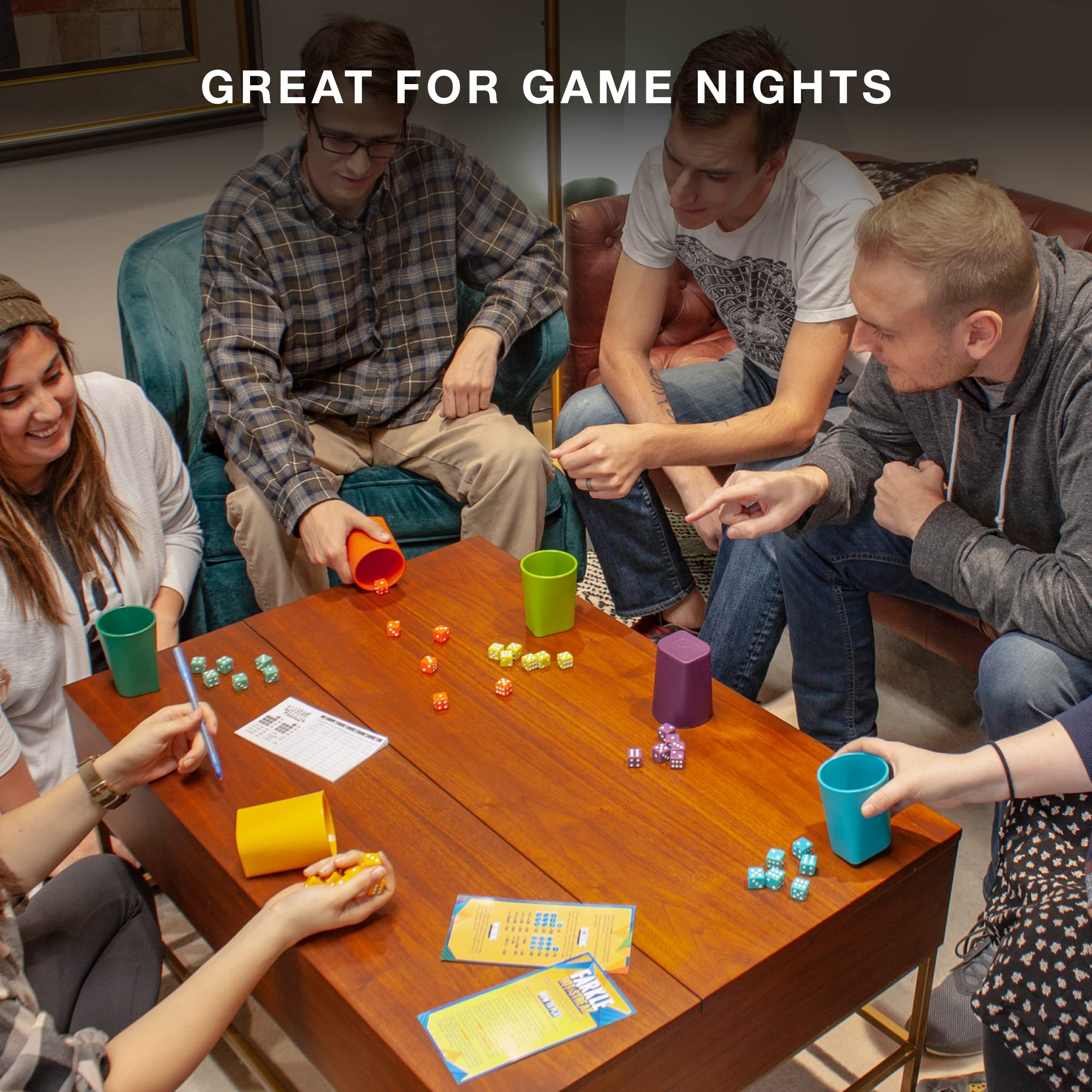 Brybelly Farkle with Friends - 2-6 Player Dice Game for Family Game Night - Includes 6 Dice Cups, 36 Dice, Scorecards, and Instructions