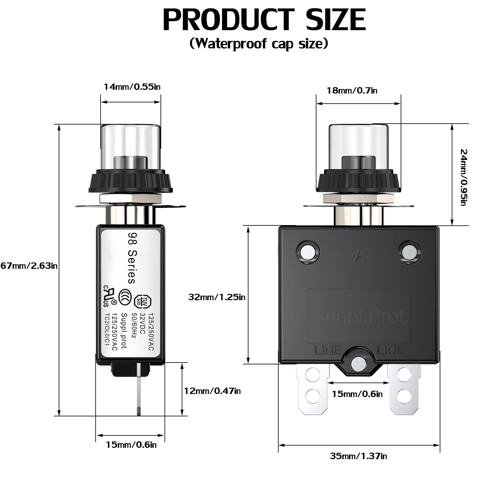 Thermal Circuit Breaker, DIYhz 20 Amp Push Button Manual Reset Circuit Breaker with Quick Connect Terminals and Waterproof Button Transparent Cap 32V DC 125/250VAC 50/60Hz