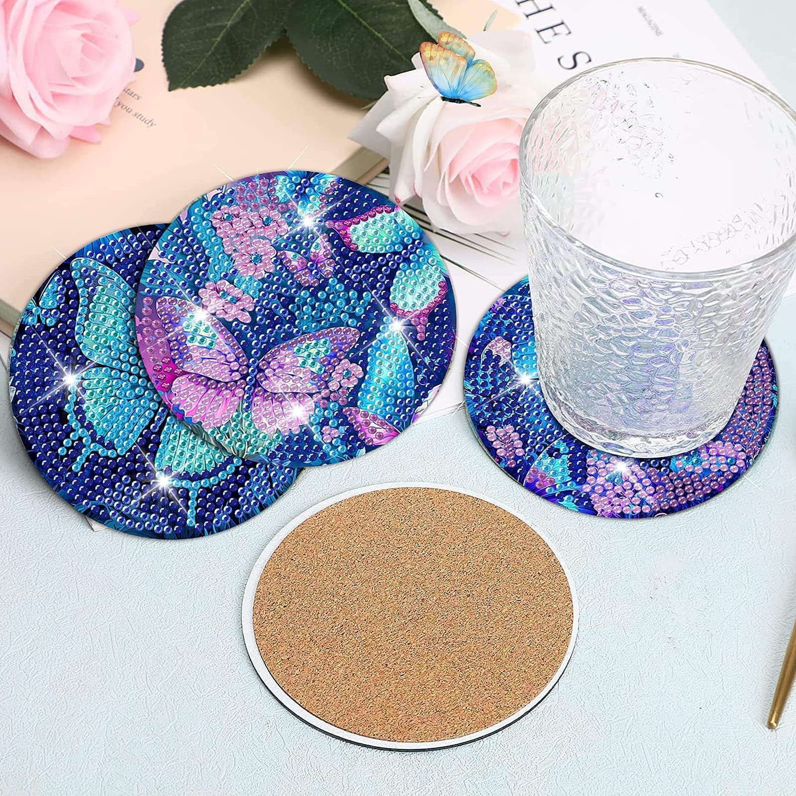 8 PCS Christmas Snowflake Diamond Art Coasters Kits with Holder DIY Red and Black Plaid Snowflake Diamond Coaster with Cork Bases for Adults Diamond Kits Supplies