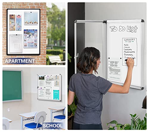 Swansea Enclosed Notice Board Magnetic Bulletin Boards for Office,Black Frame,with Locking Door 26x20inch(4XA4)