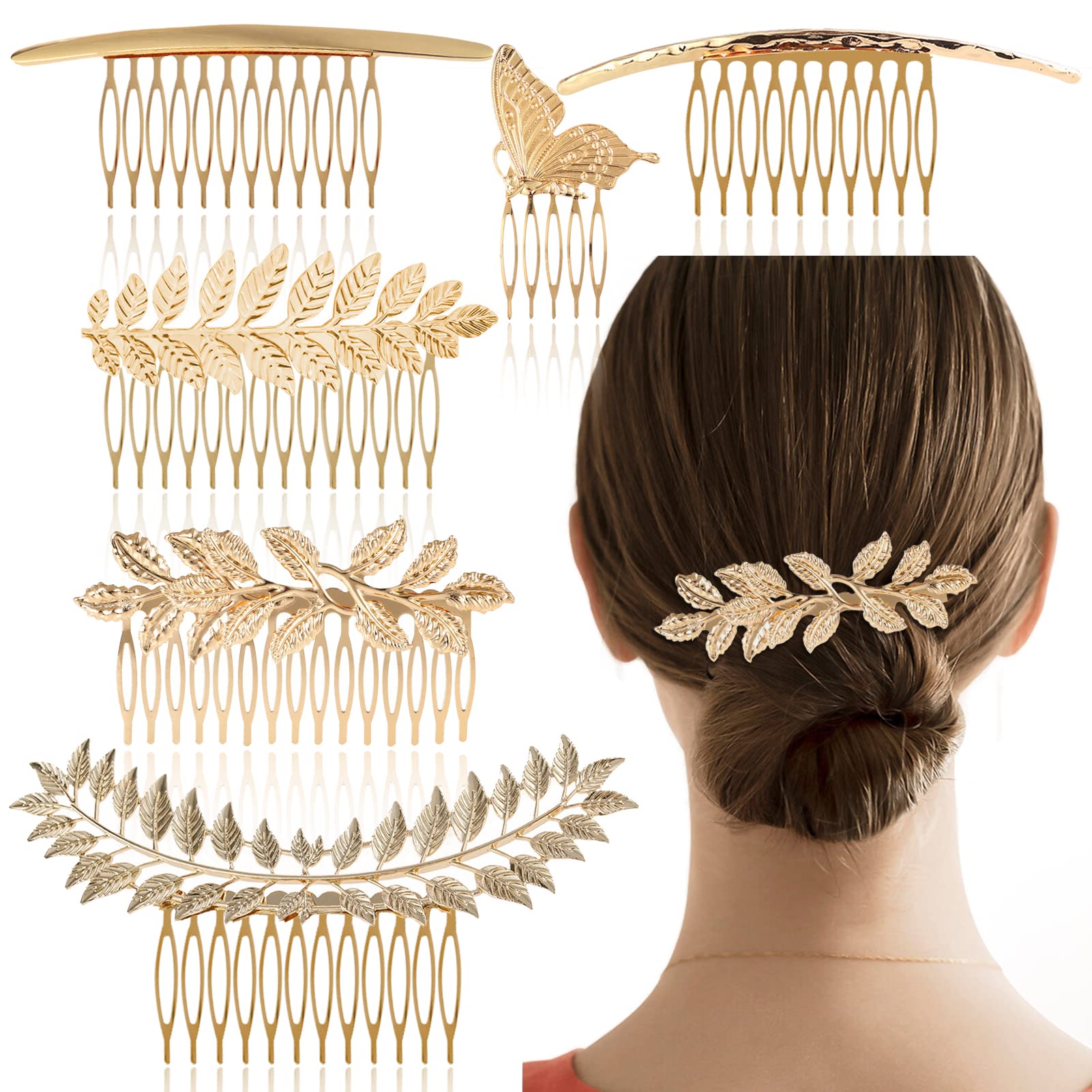 6 Pack Vintage Hair Side Combs Metal for Women Girl, Bridal Leaf Decorative Clips Gold French Twist Hair Slide Comb with Teeth Grip for Bride Wedding Headpiece Hair Accessories