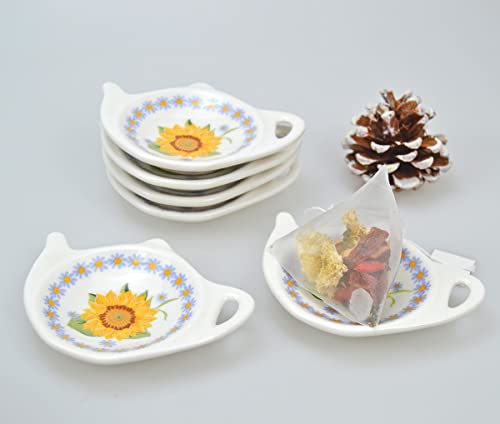 Bicuzat Floral Tea Bag Holder Tea Porcelain Accessories Teapot Shaped Tea Bag Coaster Resting Caddy Saucer 4 Inch/10cm-Sunflower and Daisy Pattern-Set of 10