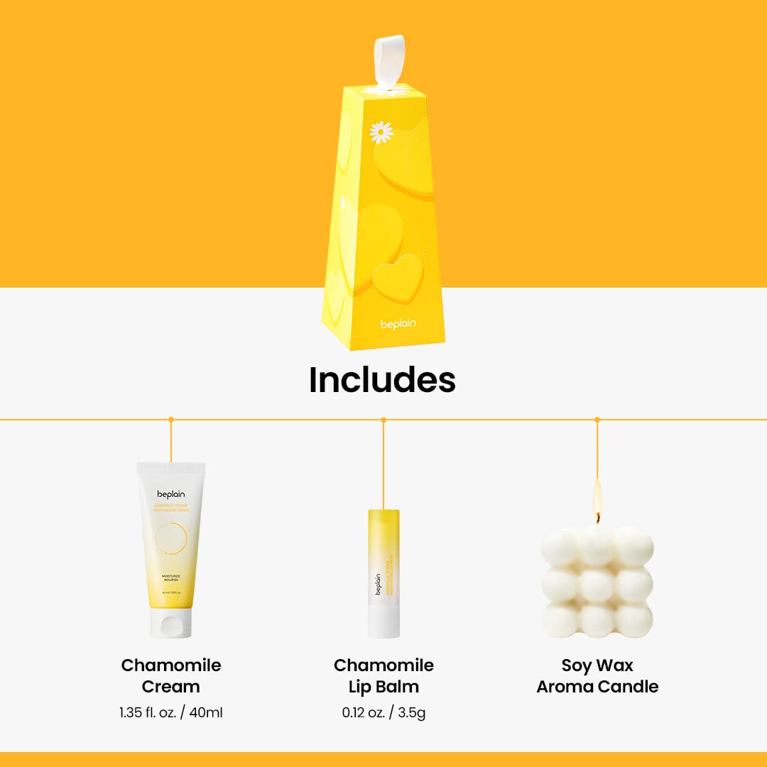 beplain Chamomile Relaxing Gift Set (Face Cream & Lip Balm & Candle) | Skin Care kit Gift Set | Natural Scent Free Korean Skin Care