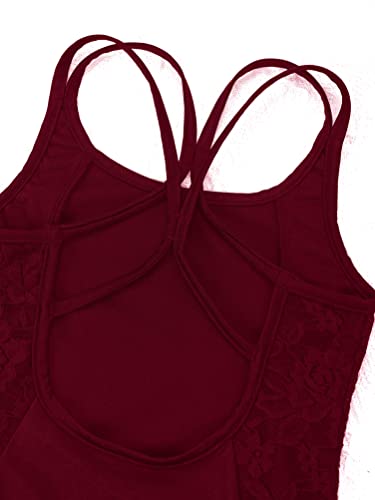 Aislor Kids Girls Ballet Dance Gymnastics Leotards Sleeveless Lace Patchwork Straps Hollow Back Unitard Bodysuit Rompers Burgundy 10 Years