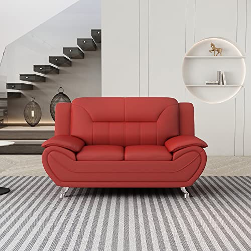Container Furniture Direct Michael Modern Faux Leather Upholstered Stainless Steel Legs Living Room Loveseat, Red