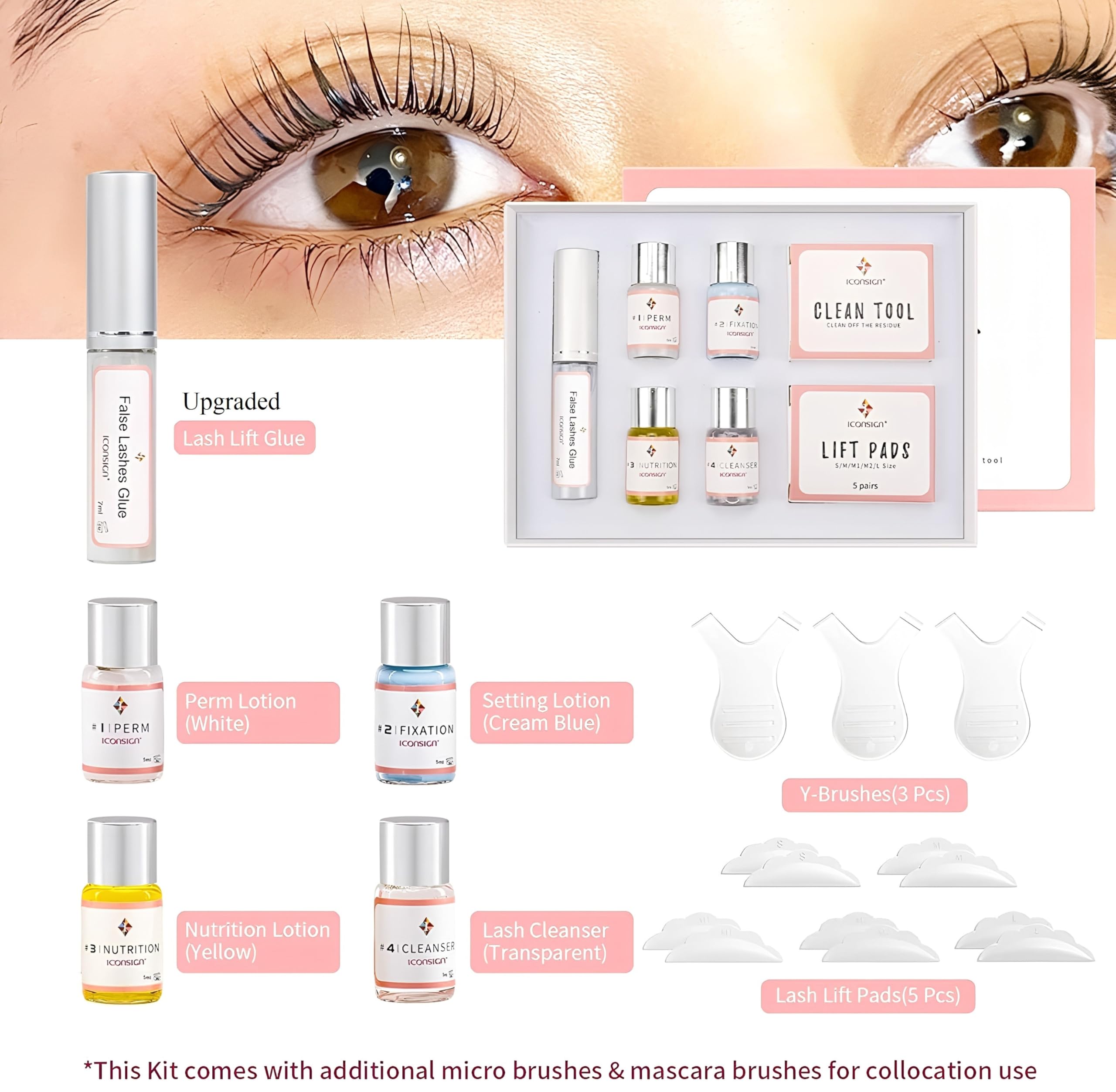 ICONSIGN Lash Lift Kit, Professional Salon Semi-Permanent Curling Eyelash Perm Kit with Lash Shields, Eye Gel Pads and Brushes