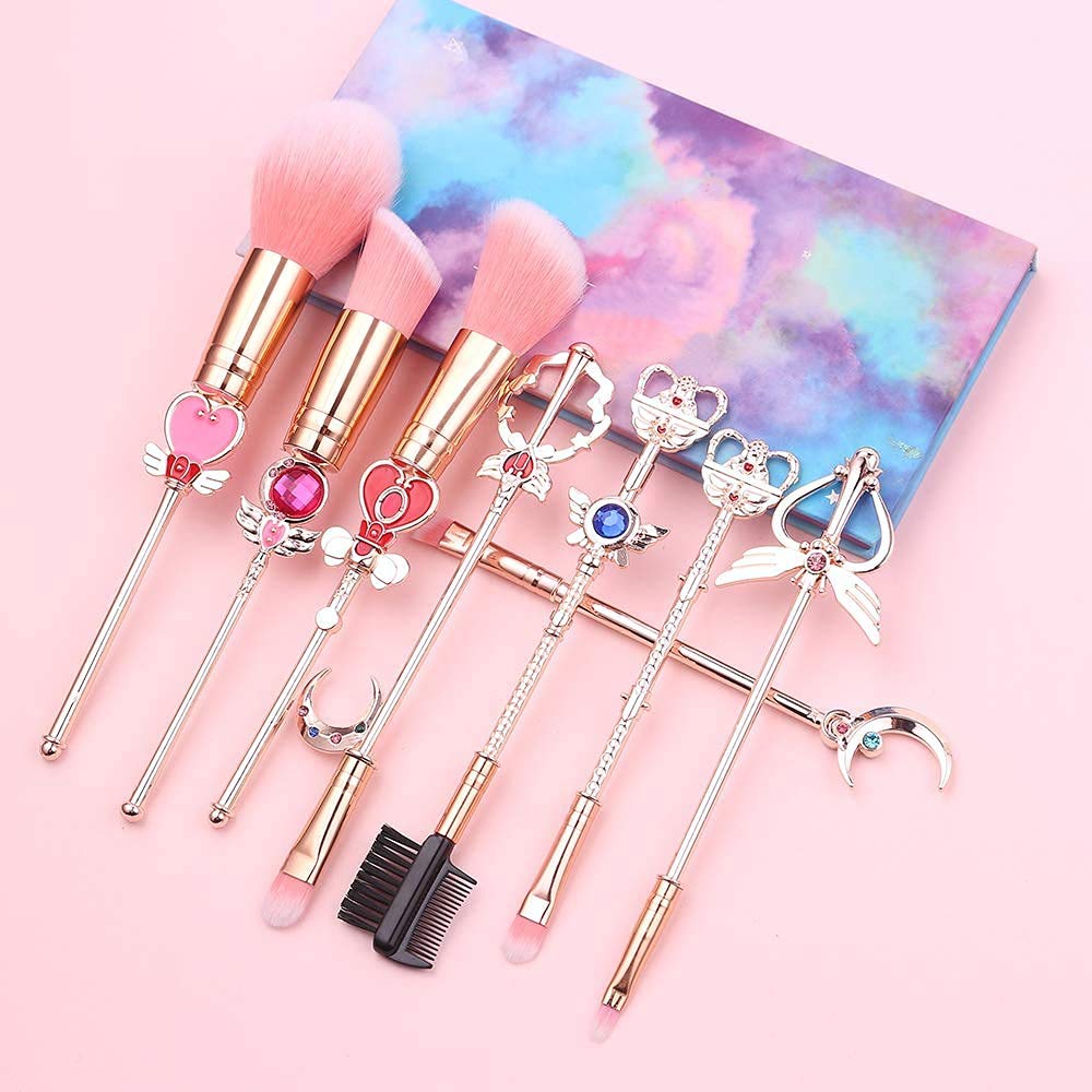 8 Pcs Kawaii Makeup Brush Set with Cute Pink Pouch, Cardcaptor Cosmetic Makeup Tool Sets & Kits for Daily Use and Valentine's Day/Thanksgiving/Birthday Gift - B