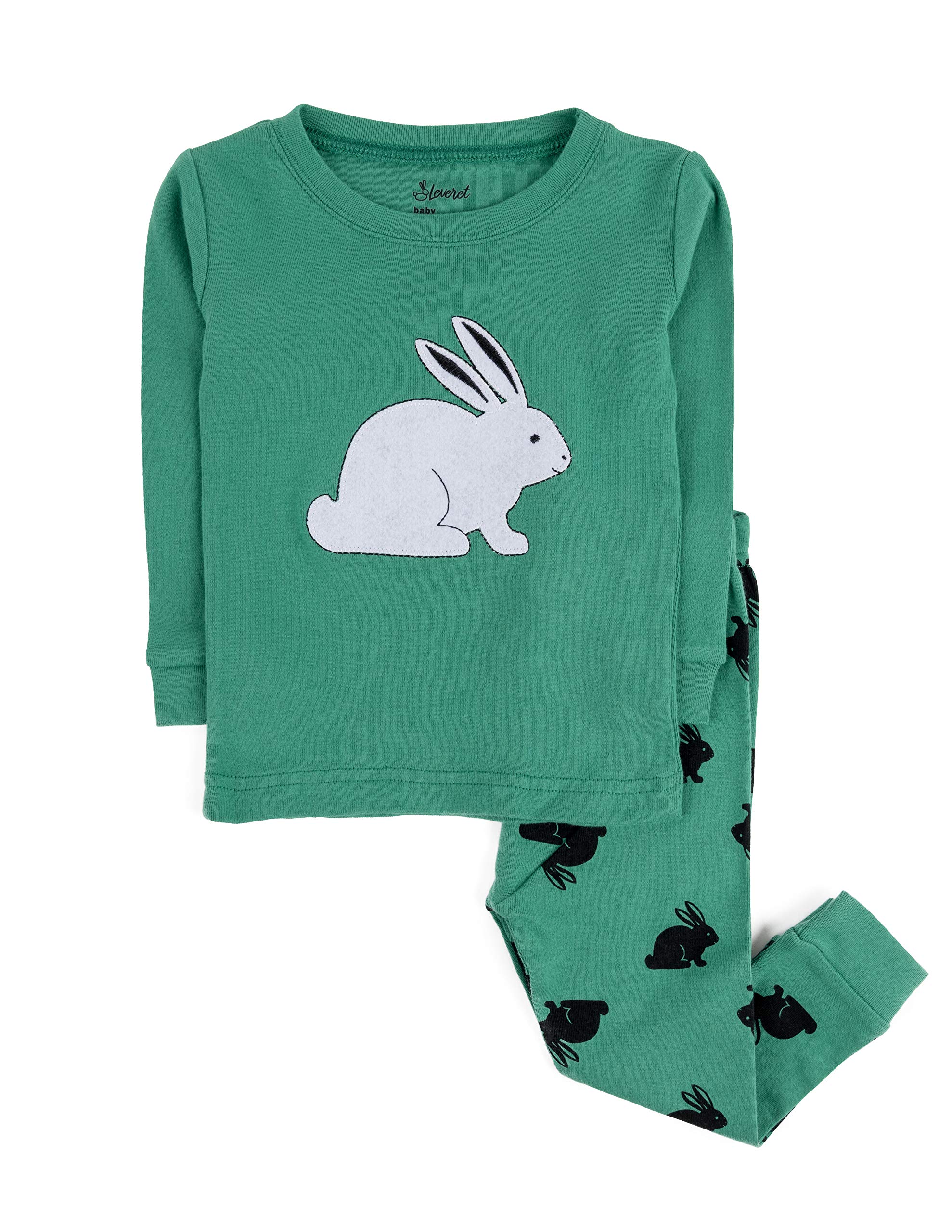 Leveret Kids Pajamas Bunny Rabbit Boys Girls 2 Piece Pajama Set 100% Cotton (Green,Size 3 Toddler)