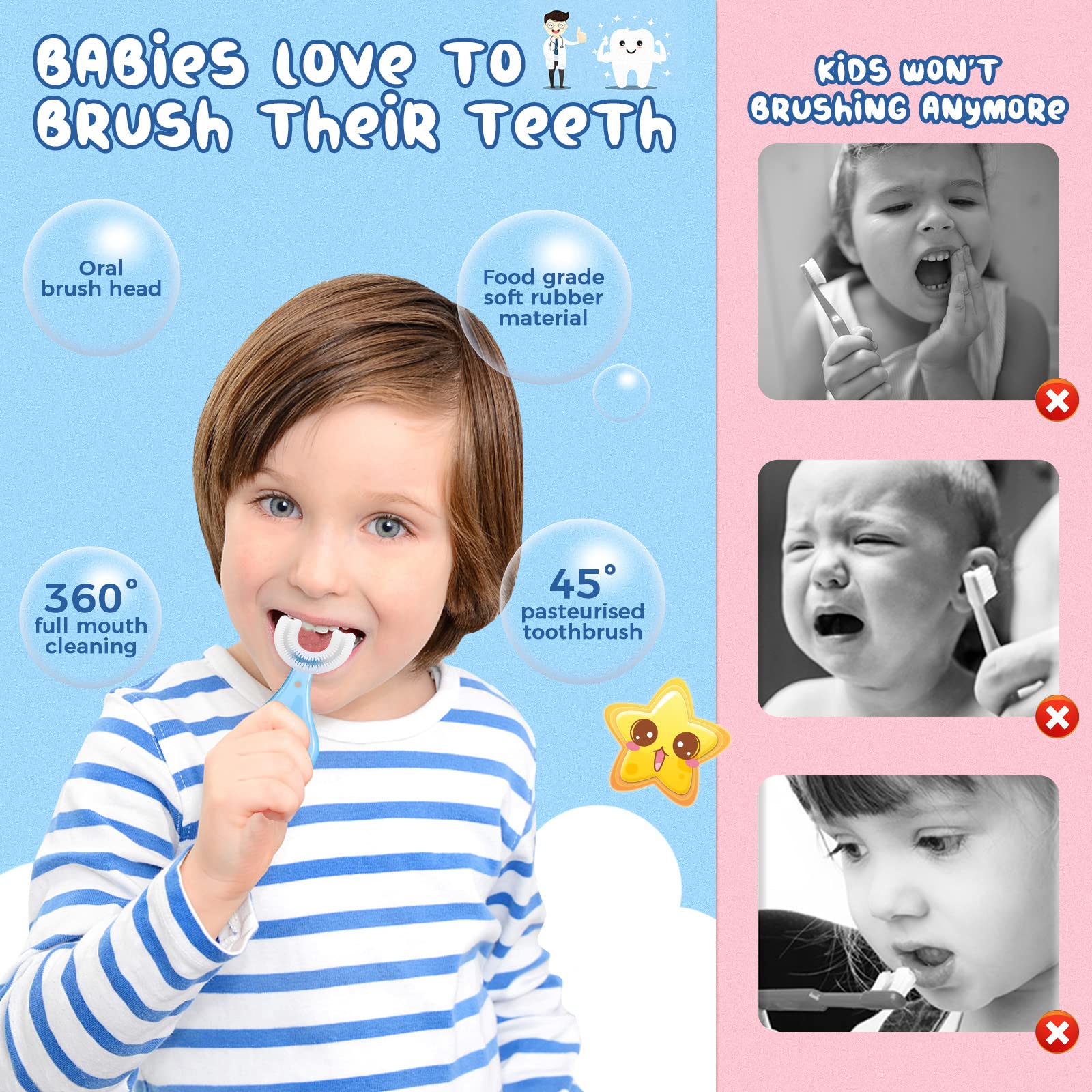 AURUZA Kids U Shaped Toothbrush Food Grade Soft Silicone Brush Head,U-Type 360° Oral Toothbrush Cleaning with Handle Design for Kids(2-6 Years Old)