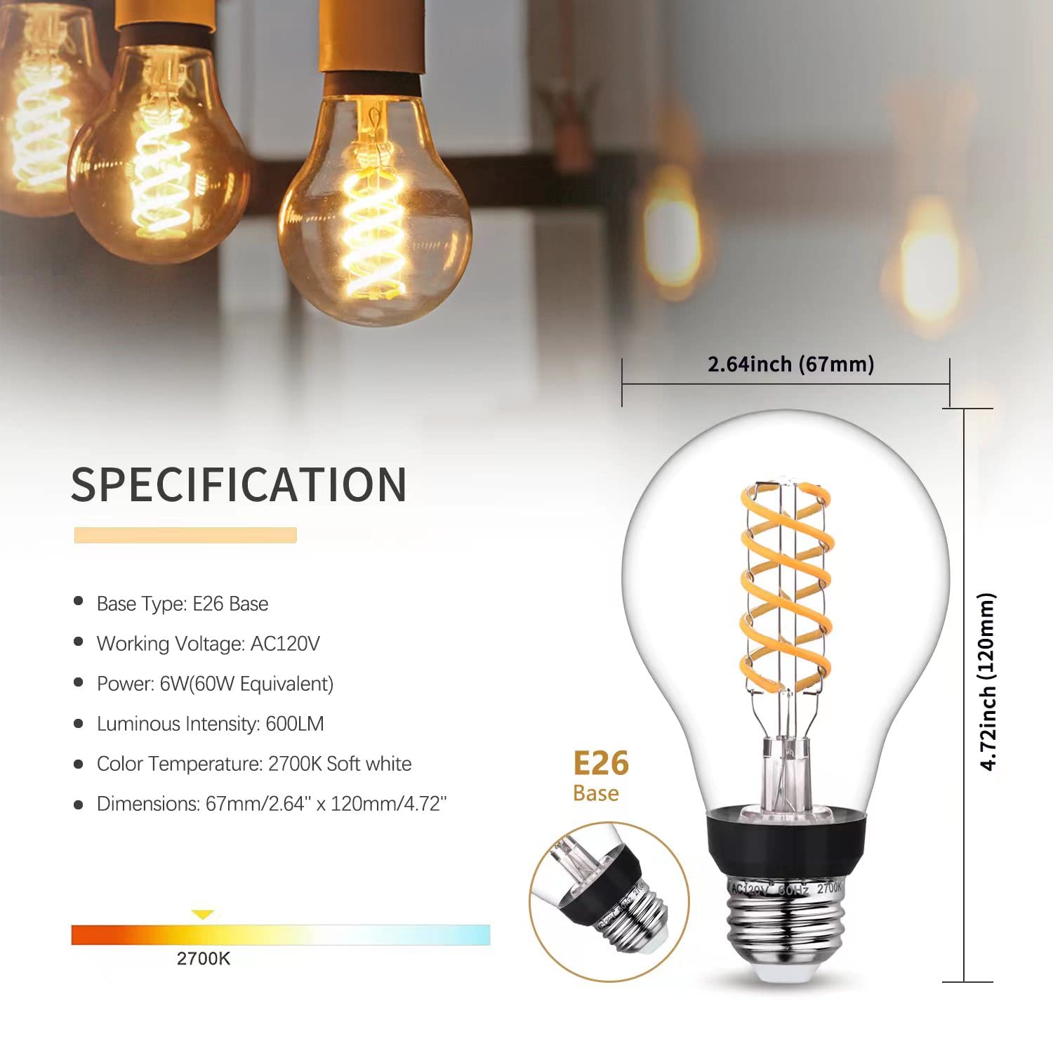 Austin Coast LED Fairy Light Bulb,G95 E26 Warm White Edison Screw Night Lights,Flash Starry Decorative Copper Wire String Lights for Bedroom Living Room Festival Christmas, Non-dimmable, 4 Pack
