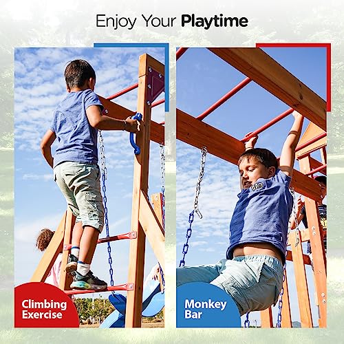 Dolphin Playground Cedar Wooden Swing Sets for Backyard, Outdoor Playset for Kids with Monkey Bar, 2 in 1 Outdoor Table, Wave Slide, Climbing Wall, and 2 Belt Swings, Playground Sets for Backyards