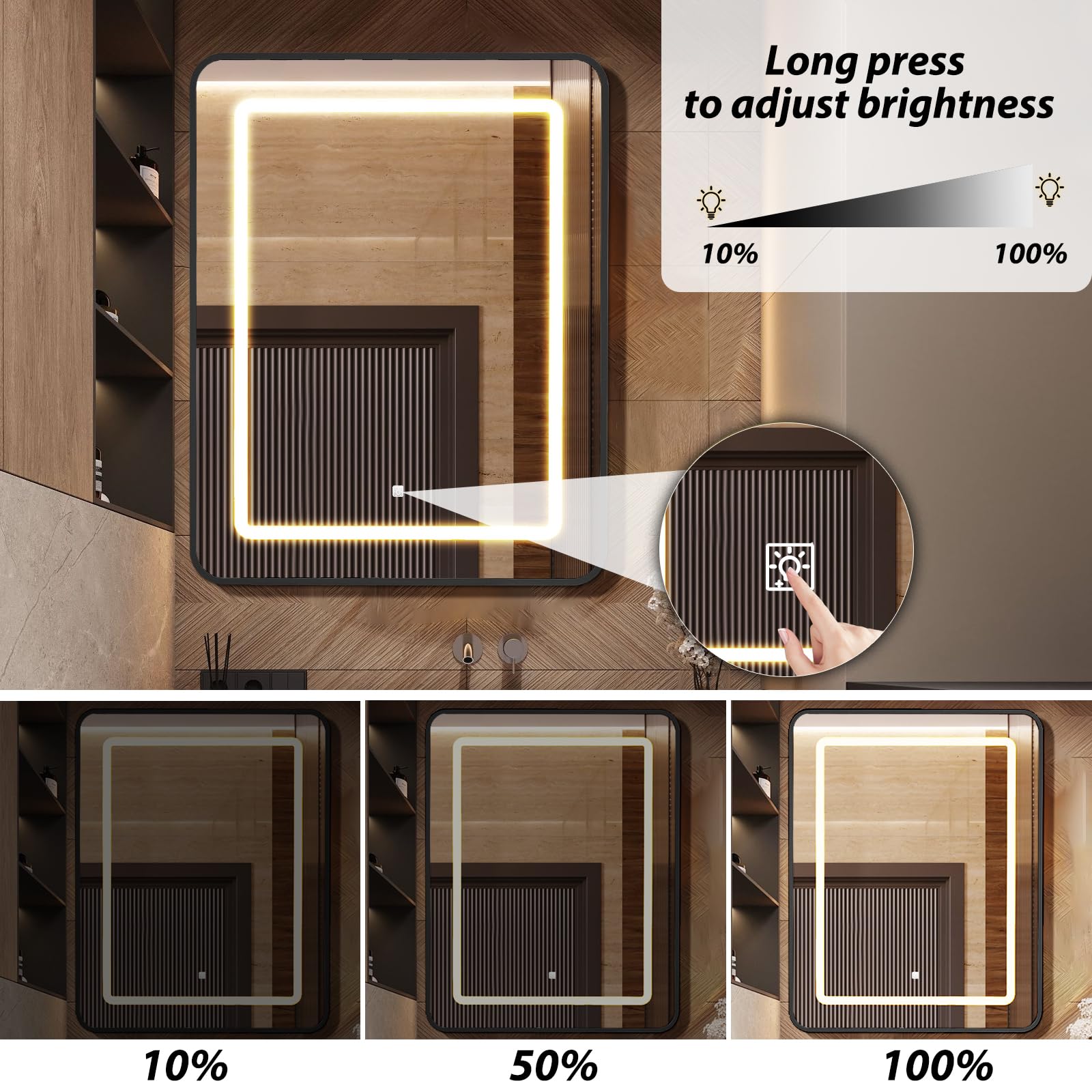APRILSOUL 16X24 Inch Black Bathroom Medicine Cabinet with Mirror, Recessed or Surface Lighted Medicine Cabinet with 3 Colors Temperature, Dimmable Light