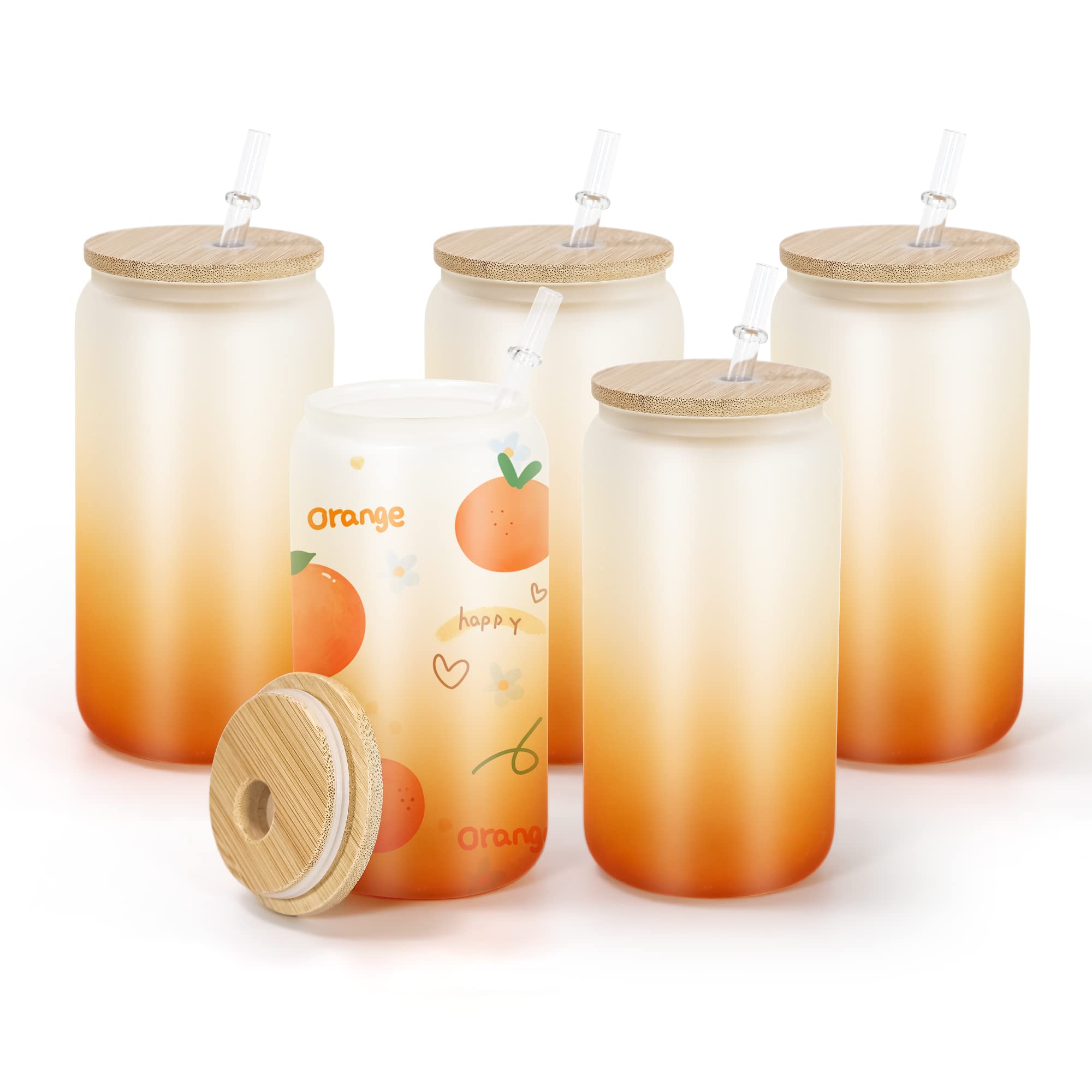 AGH 16oz Frosted Sublimation Glass Cups with Bamboo Lids and Straws, 5 Pcs Beer Can Glass Straight Sublimation Glass Tumbler, BPA-Free Glass Coffee Cups, Can Shaped Glass Cups - Gradient Orange